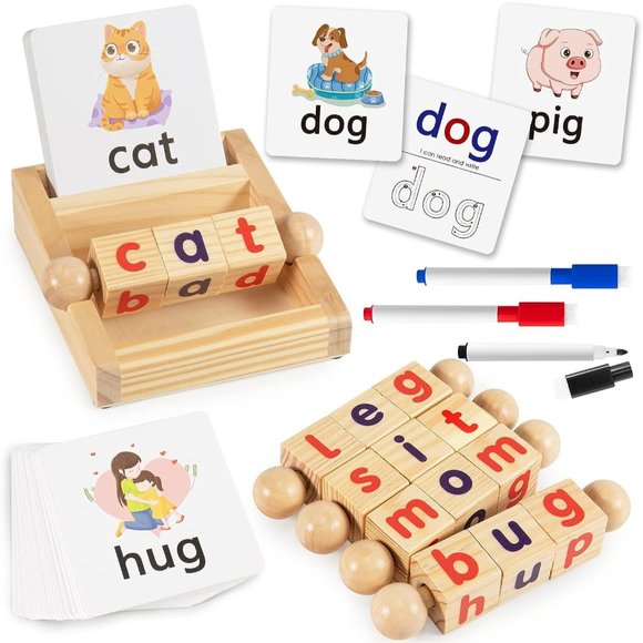 Daboot | Toys | Kids Wooden Reading Writing Blocks Flash Cards Rotating ...